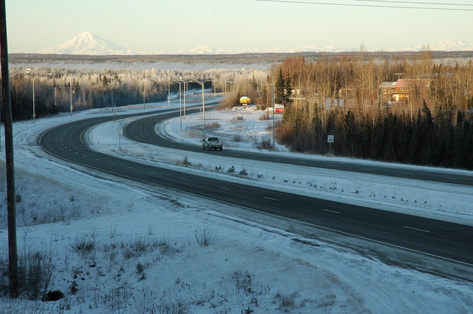 Sterling, AK : The east end of Sterling, looking west. Redoubt Volcano ...