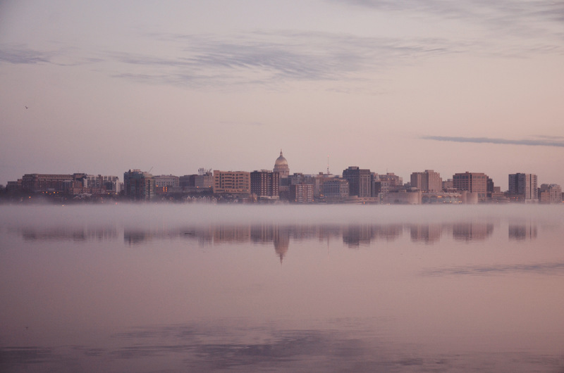 Madison, WI : Lake Monona and the City of Madison shortly after sunrise ...